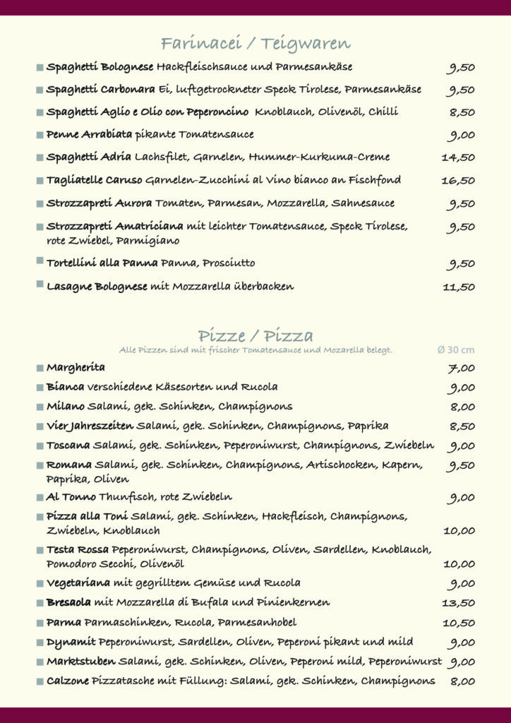 Speisekarte – Da Toni Altenstadt
